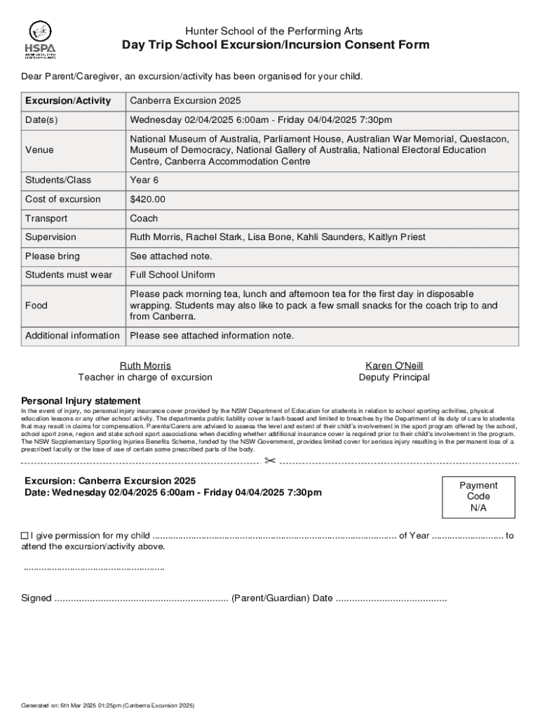 Fillable Online Canberra Excursion 2025 Fax Email Print - pdfFiller