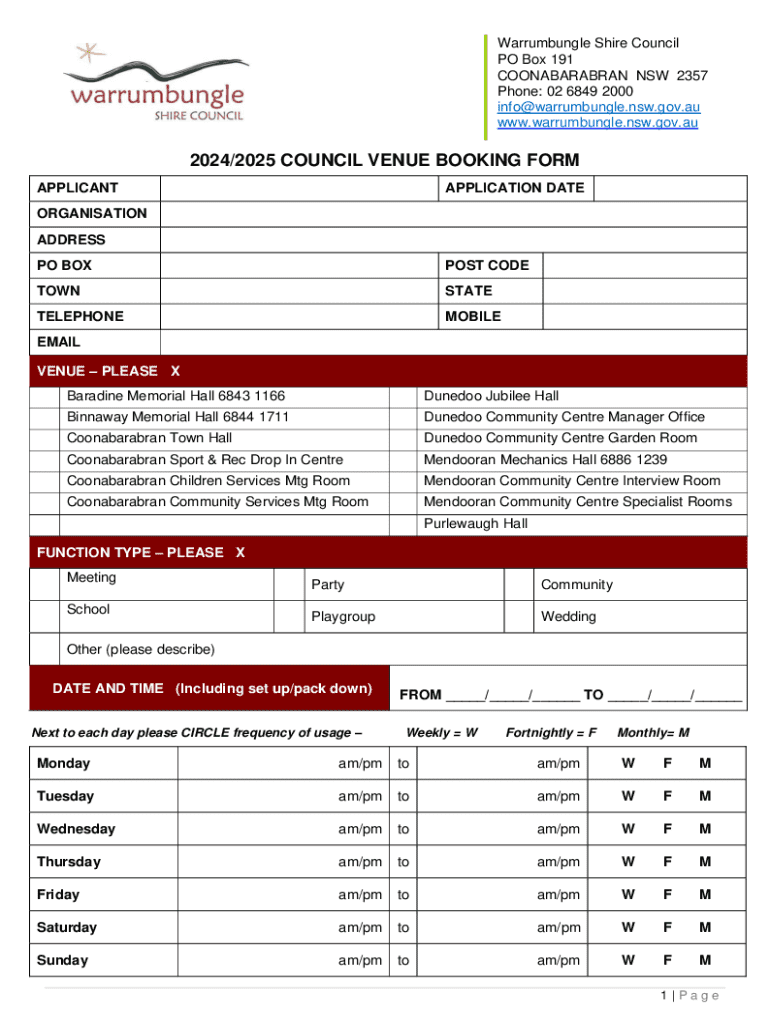 Fillable Online 2024/2025 Council Venue Booking Form Fax Email Print - pdfFiller