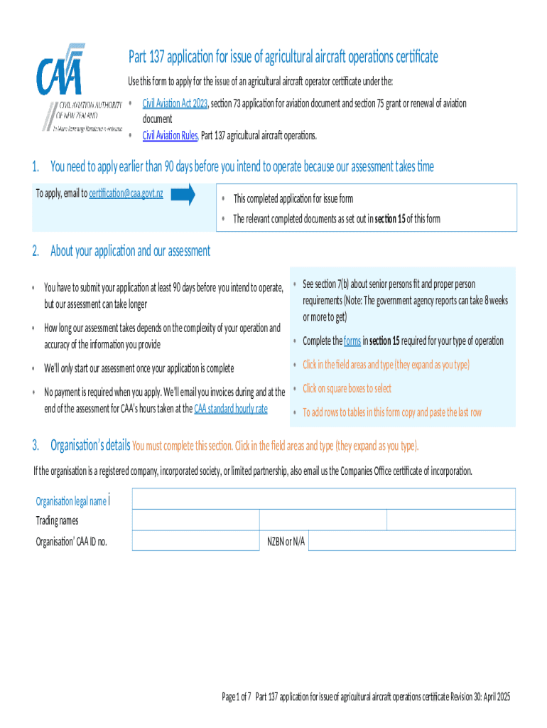 Part 137 Application for Agricultural Aircraft Operations Certificate ...