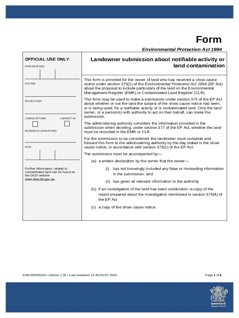 Landowner submission about notifiable activity or land contamination ...