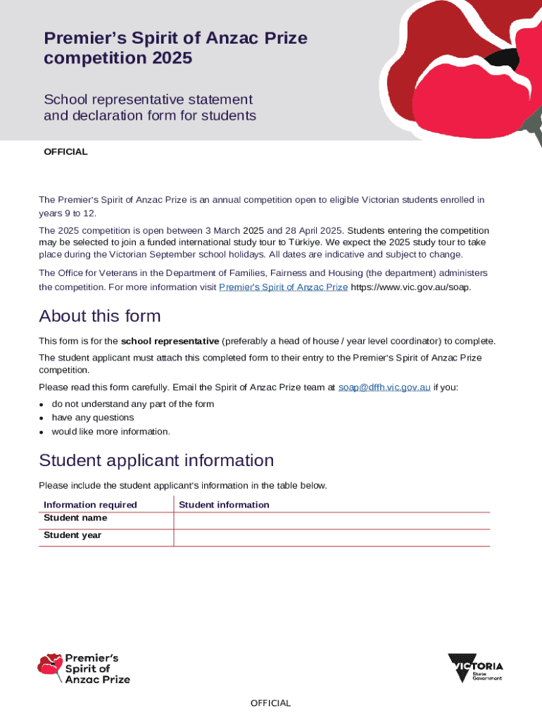 Premier's Spirit of Anzac Prize Competition 2025 School Representative Statement and Declaration ...