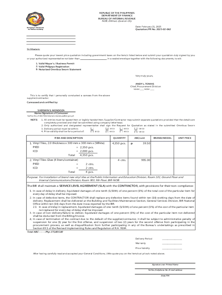 Fillable Online Request for Quotation for Vinyl Tiles and Glue Fax ...