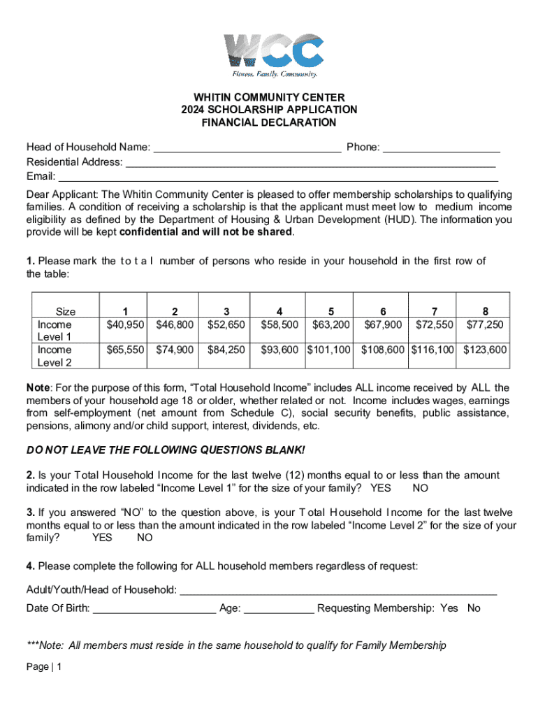 Fillable Online Whitin Community Center 2024 Scholarship Application Financial Declaration Fax ...