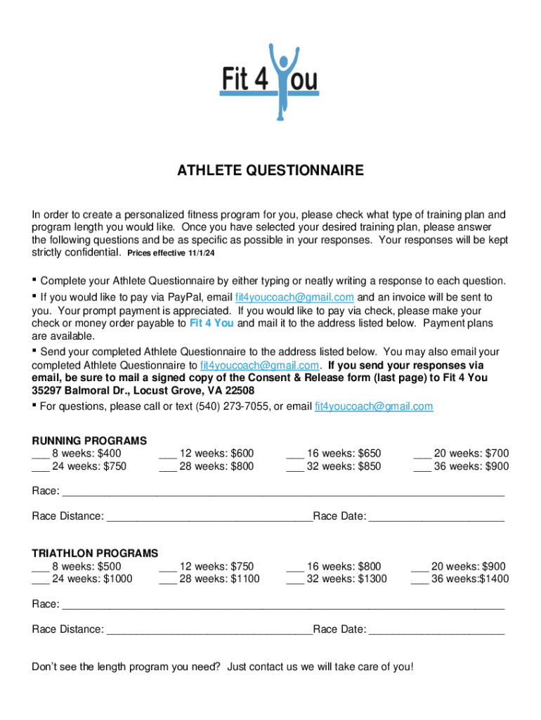 Fillable Online Athlete Questionnaire for Personalized Fitness Programs ...