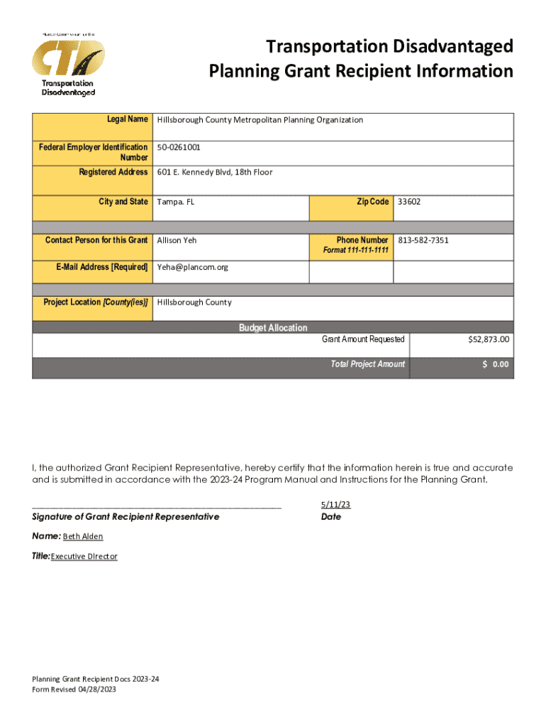 Fillable Online Transportation Disadvantaged Planning Grant Fax Email ...
