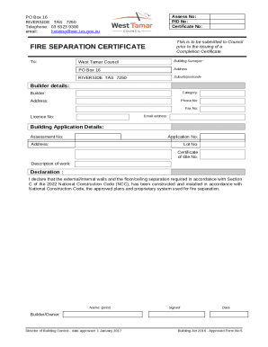 Fire Separation Certificate Doc Template | pdfFiller