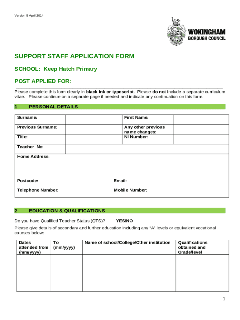 Support Staff Application Doc Template | pdfFiller