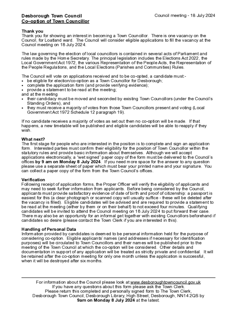 Fillable Online Co–option of Town Councillor Fax Email Print - pdfFiller