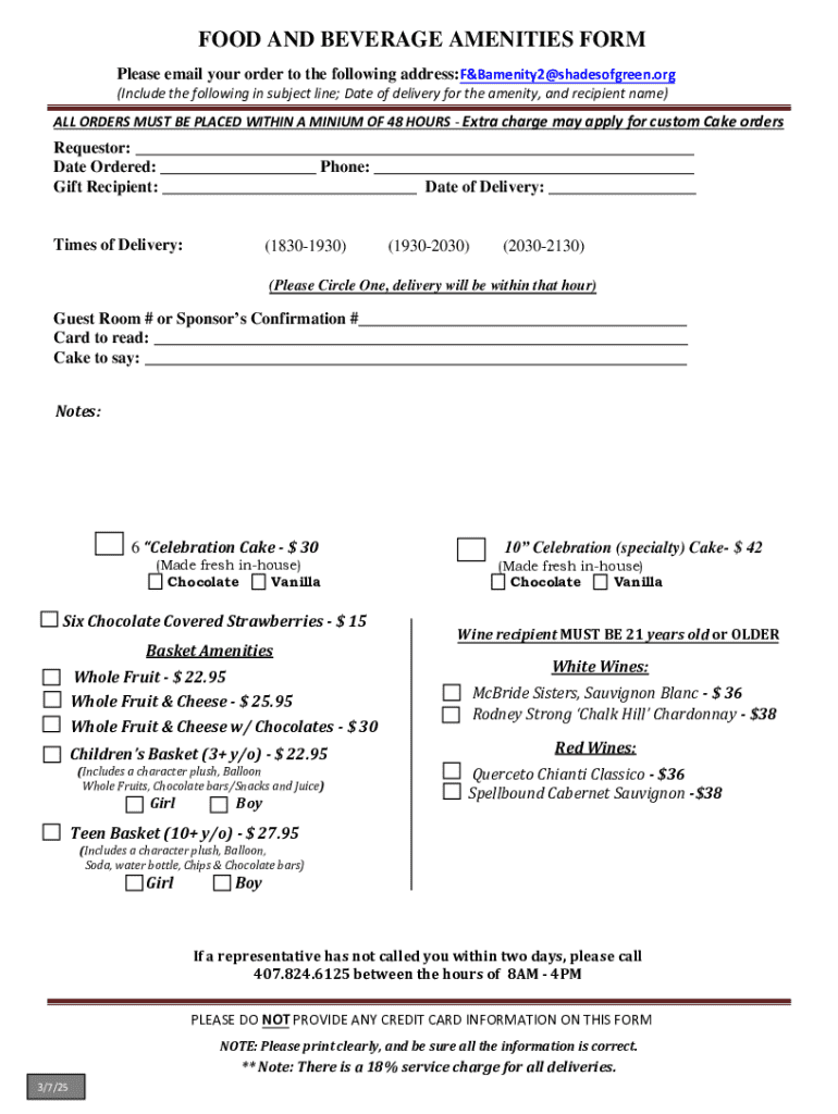 Fillable Online Food and Beverage Amenities Order Form Fax Email Print ...