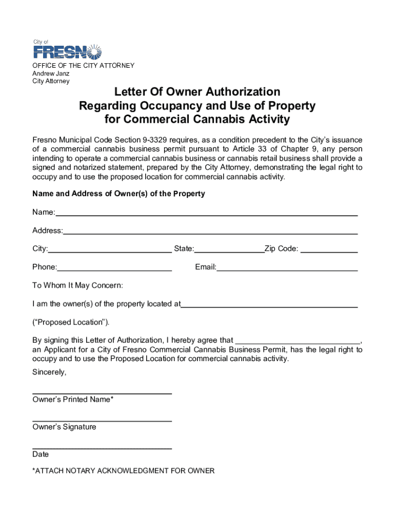 Fillable Online Letter of Owner Authorization Regarding Occupancy and ...