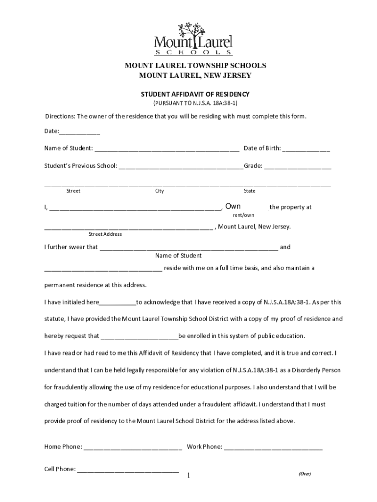 Fillable Online Mount Laurel Township Schools - Student Affidavit of ...
