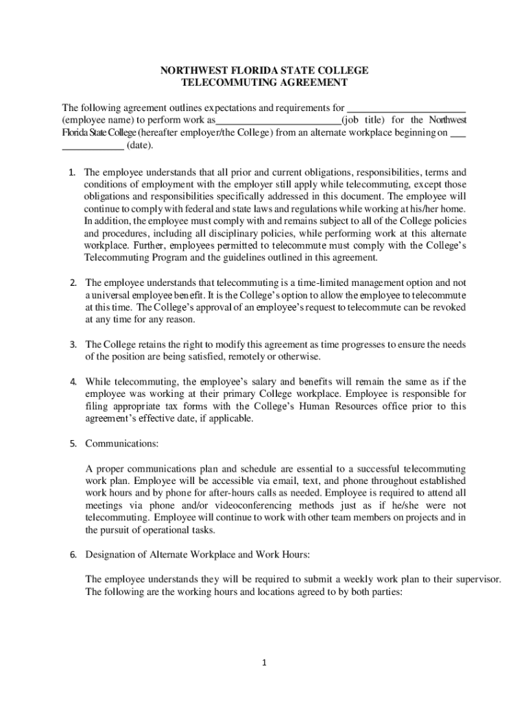 Fillable Online Northwest Florida State College Telecommuting Agreement ...