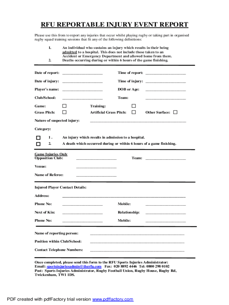 Fillable Online Rfu Reportable Injury Event Report Fax Email Print ...
