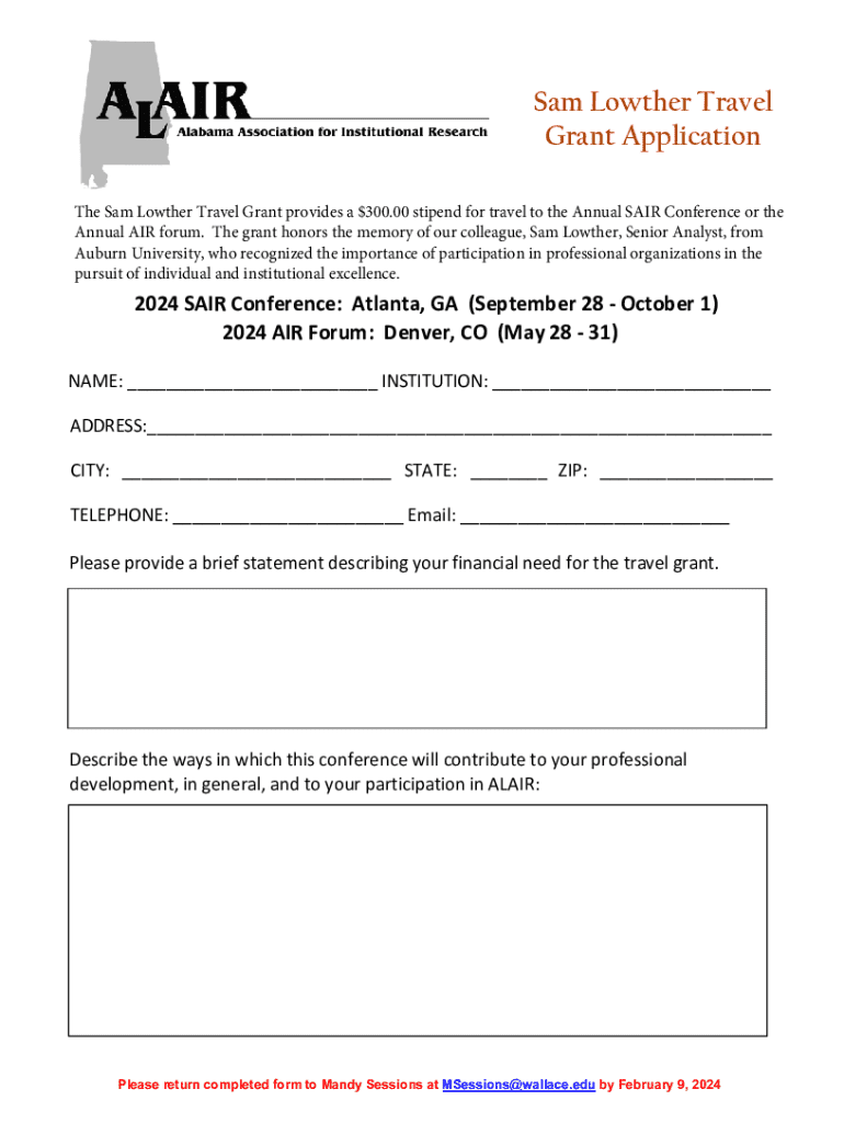 Fillable Online Sam Lowther Travel Grant Fax Email Print - pdfFiller