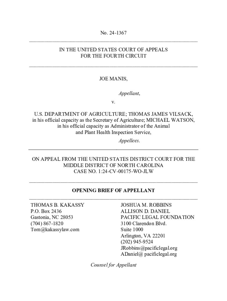 Fillable Online Joe Manis V. U.s. Department of Agriculture - Opening ...