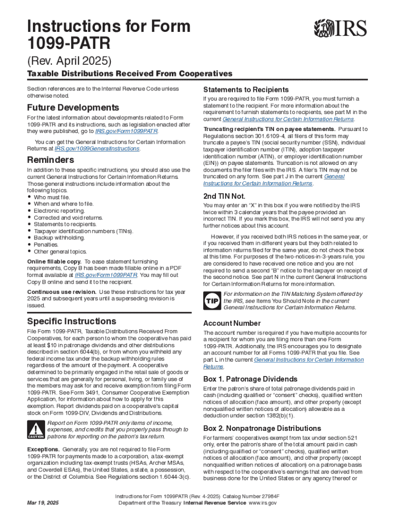 Fillable Online Instructions for Form 1099-patr (rev. April 2025) Fax ...