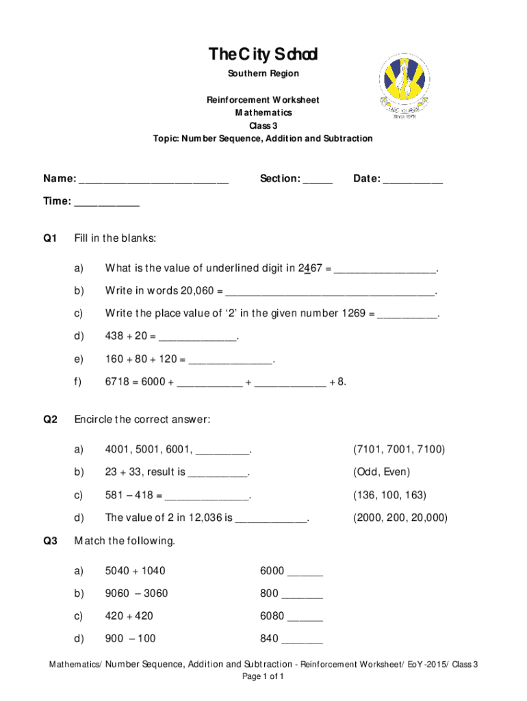 Fillable Online Mathematics Reinforcement Worksheet for Class 3 Fax Email Print - pdfFiller