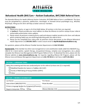 Fillable Online Behavioral Health (bh) Care – Autism Evaluation, Bht ...