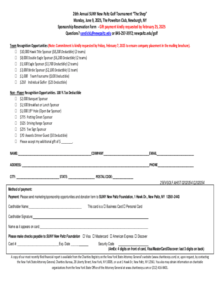 Fillable Online 26th Annual Suny New Paltz Golf Tournament "the Shep" Fax Email Print - pdfFiller