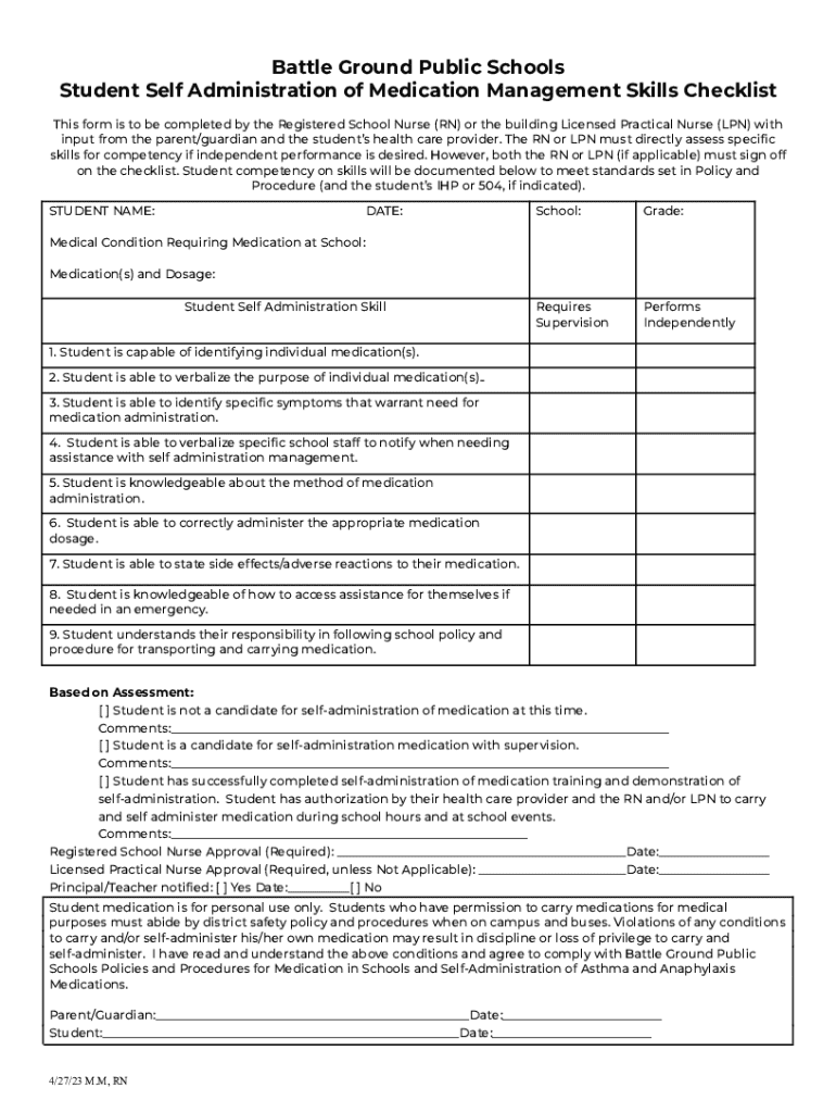 Fillable Online Student Self Administration of Medication Management ...