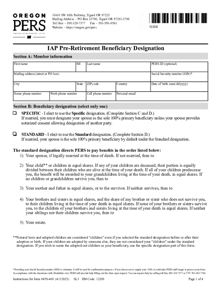 Fillable Online Iap Pre-retirement Beneficiary Designation Fax Email ...