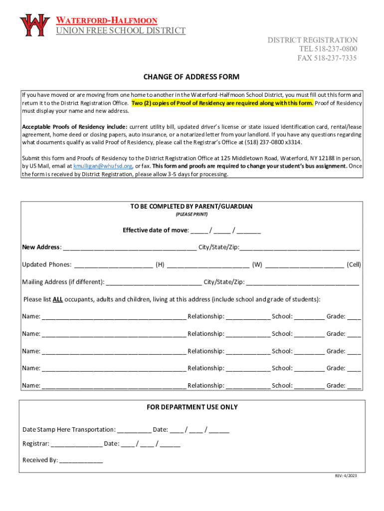 Fillable Online Waterford-halfmoon Union Free School District - Change ...