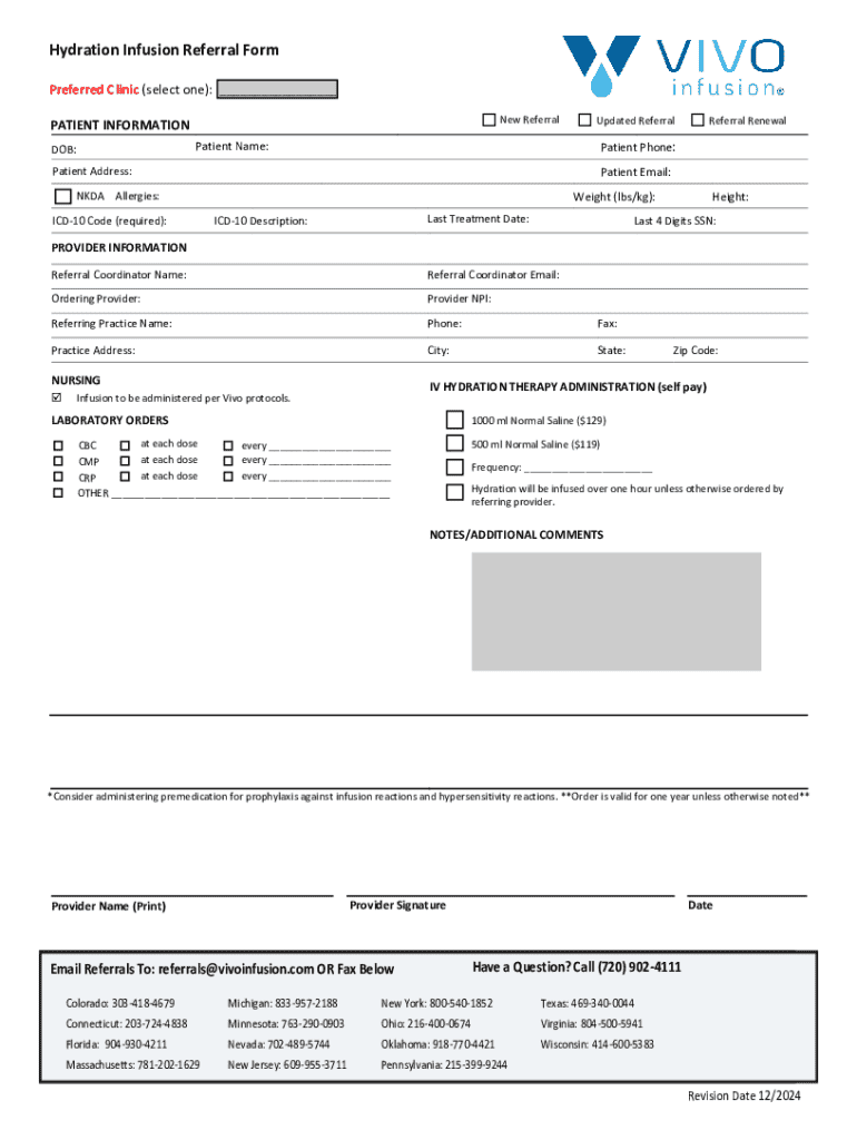 Fillable Online Hydration Infusion Referral Form Fax Email Print ...