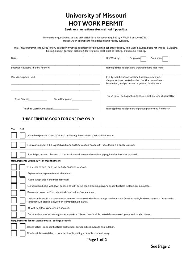 Fillable Online University of Missouri Hot Work Permit Fax Email Print ...