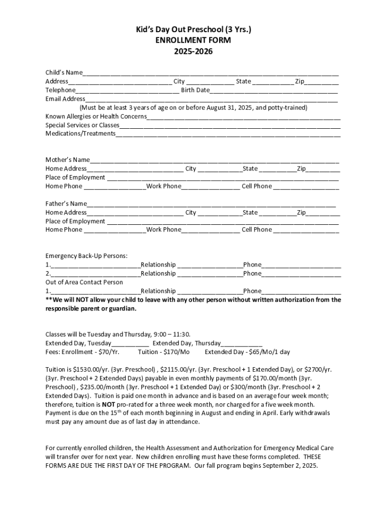 Fillable Online Enrollment Form for Kid's Day Out Preschool (3 Yrs ...