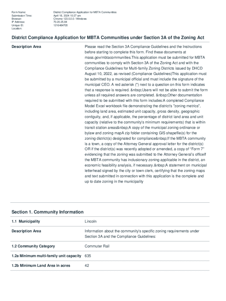 Fillable Online District Compliance Application for Mbta Communities ...