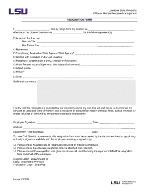 Fillable Online Louisiana State University Resignation Form Fax Email ...