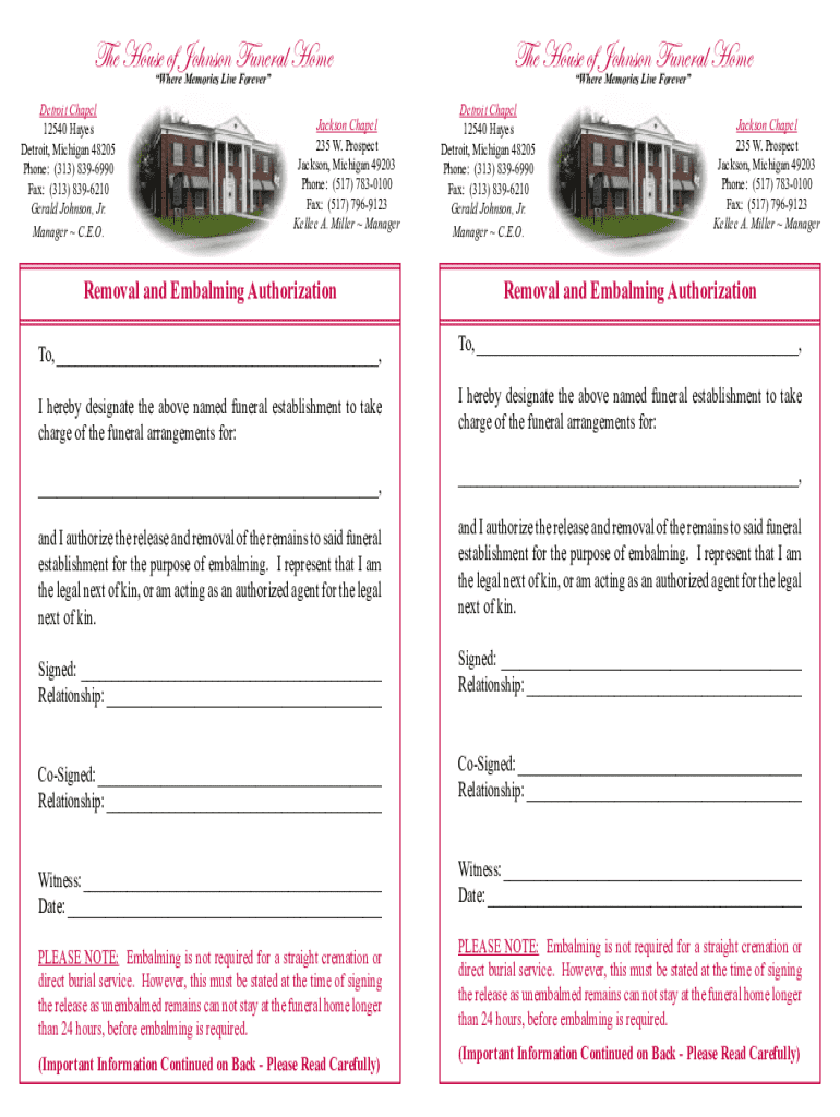 Fillable Online Removal and Embalming Authorization Fax Email Print ...