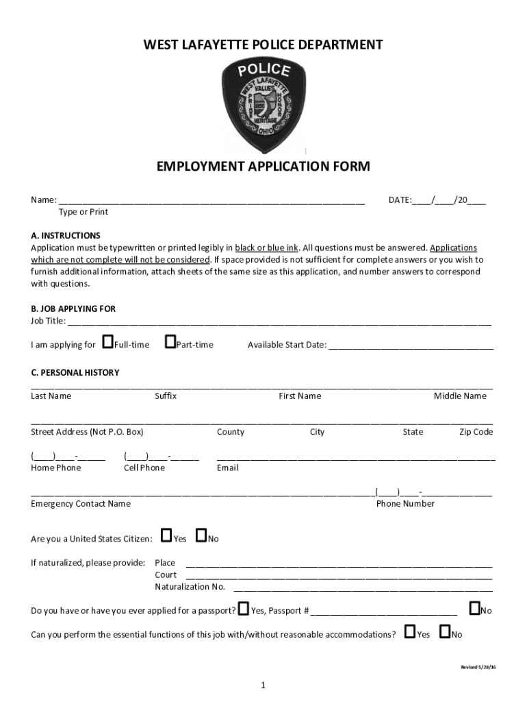 Fillable Online West Lafayette Police Department Employment Application Fax Email Print - pdfFiller