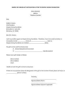 Fillable Online Sample Donor Gift Notification Letter to Hospice Giving ...