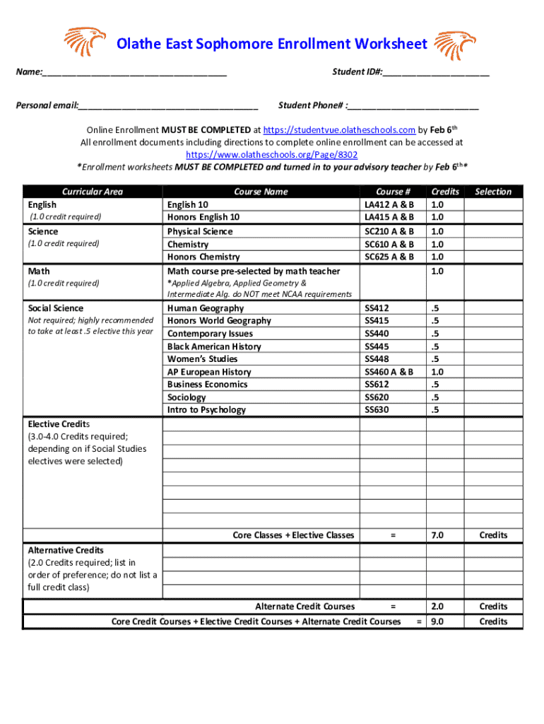 Fillable Online Olathe East Sophomore Enrollment Worksheet Fax Email ...