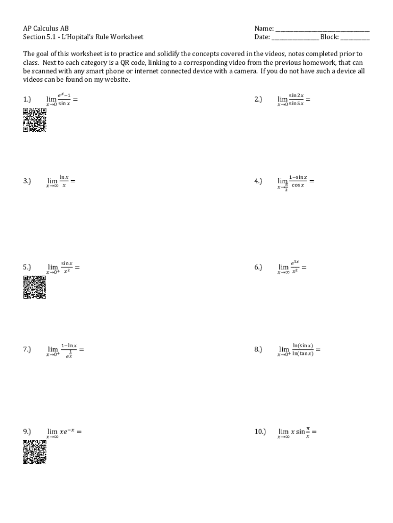 Fillable Online Ap Calculus Ab Section 5.1 - L’hopital’s Rule Fax Email ...