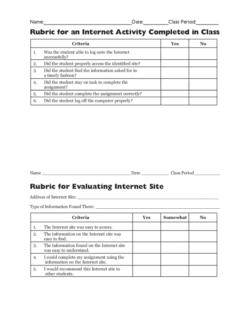 Fillable Online Rubric for an Internet Activity Completed in Class Fax Email Print - pdfFiller