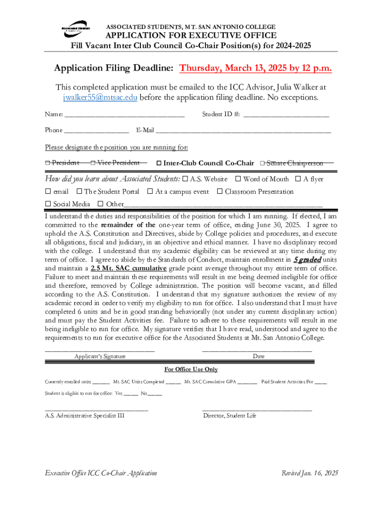 Fillable Online Application for Executive Office - Inter Club Council ...