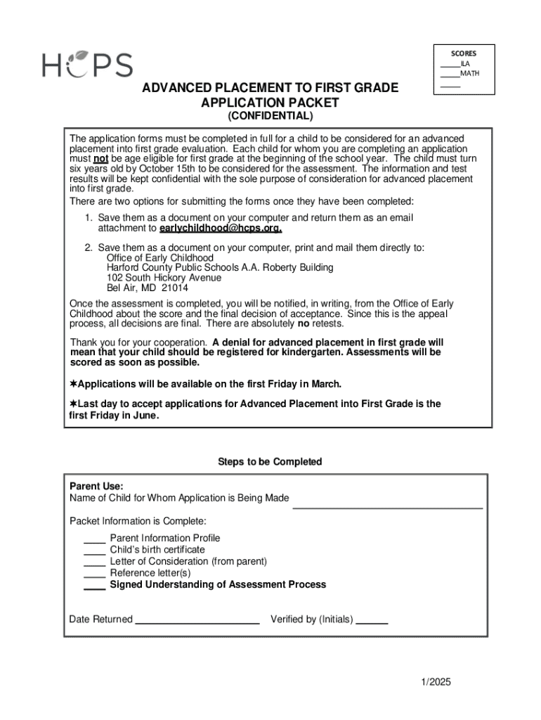 Fillable Online Advanced Placement to First Grade Application Packet ...