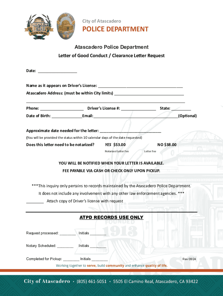 Fillable Online Atascadero Police Department Letter of Good Conduct Fax ...