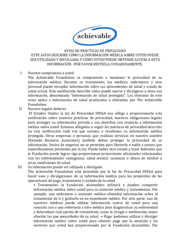 Rellenable en línea Aviso De Prácticas De Privacidad De the Achievable ...