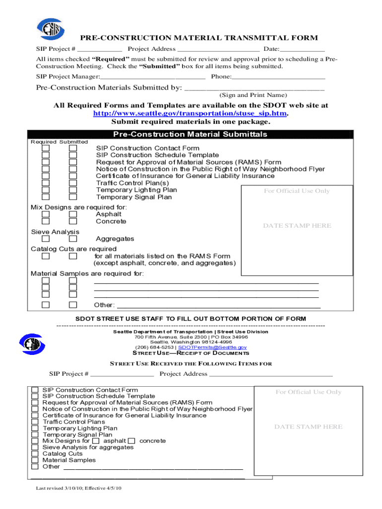 Fillable Online Pre-construction Material Transmittal Fax Email Print ...