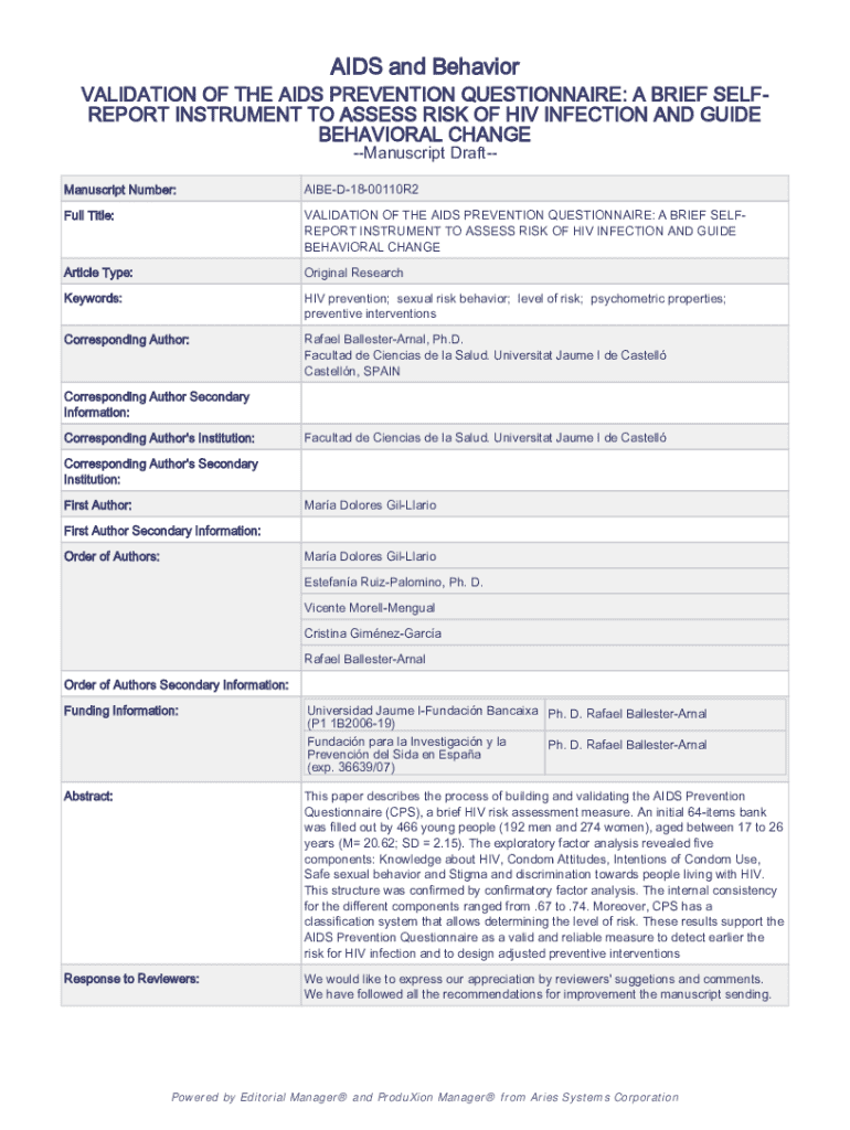 Fillable Online Validation of the Aids Prevention Questionnaire: a ...