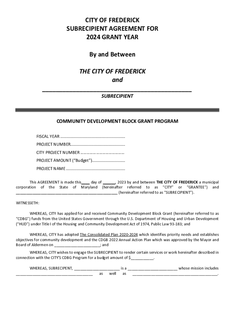 Fillable Online City of Frederick Subrecipient Agreement Fax Email ...