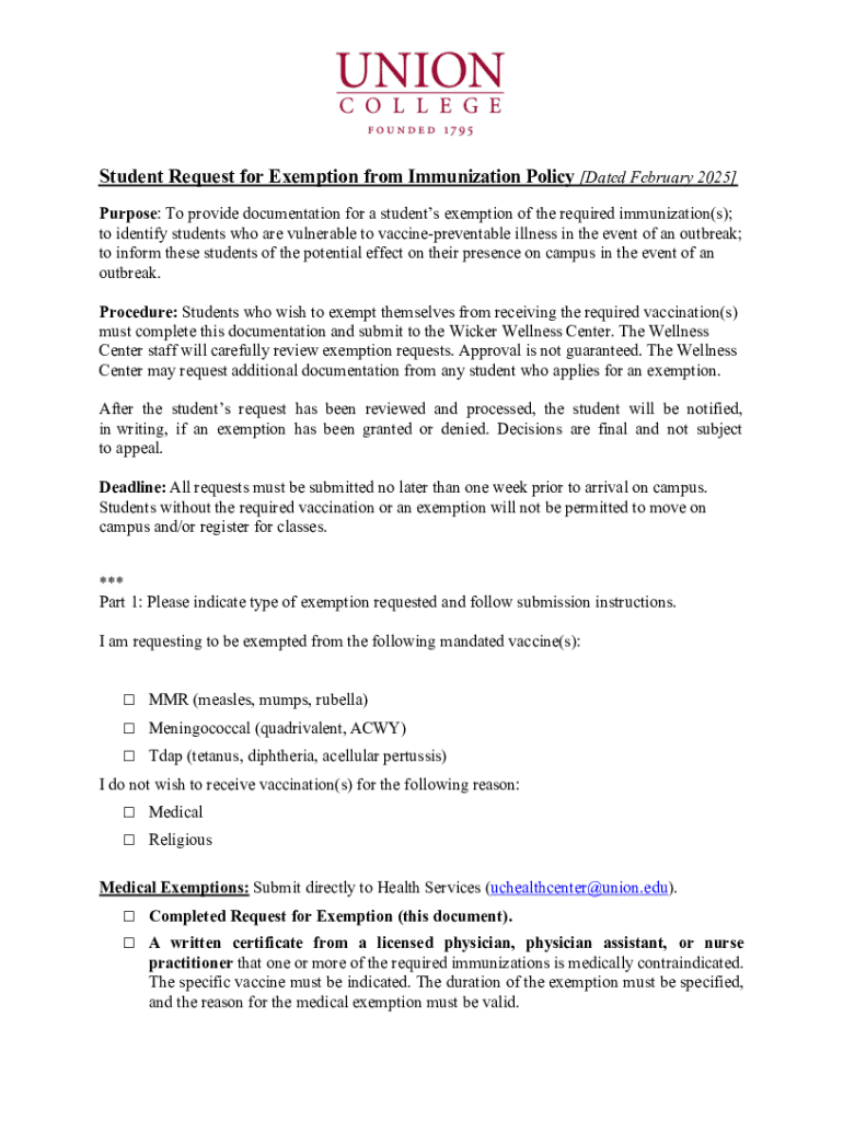 Fillable Online Student Request for Exemption From Immunization Policy ...