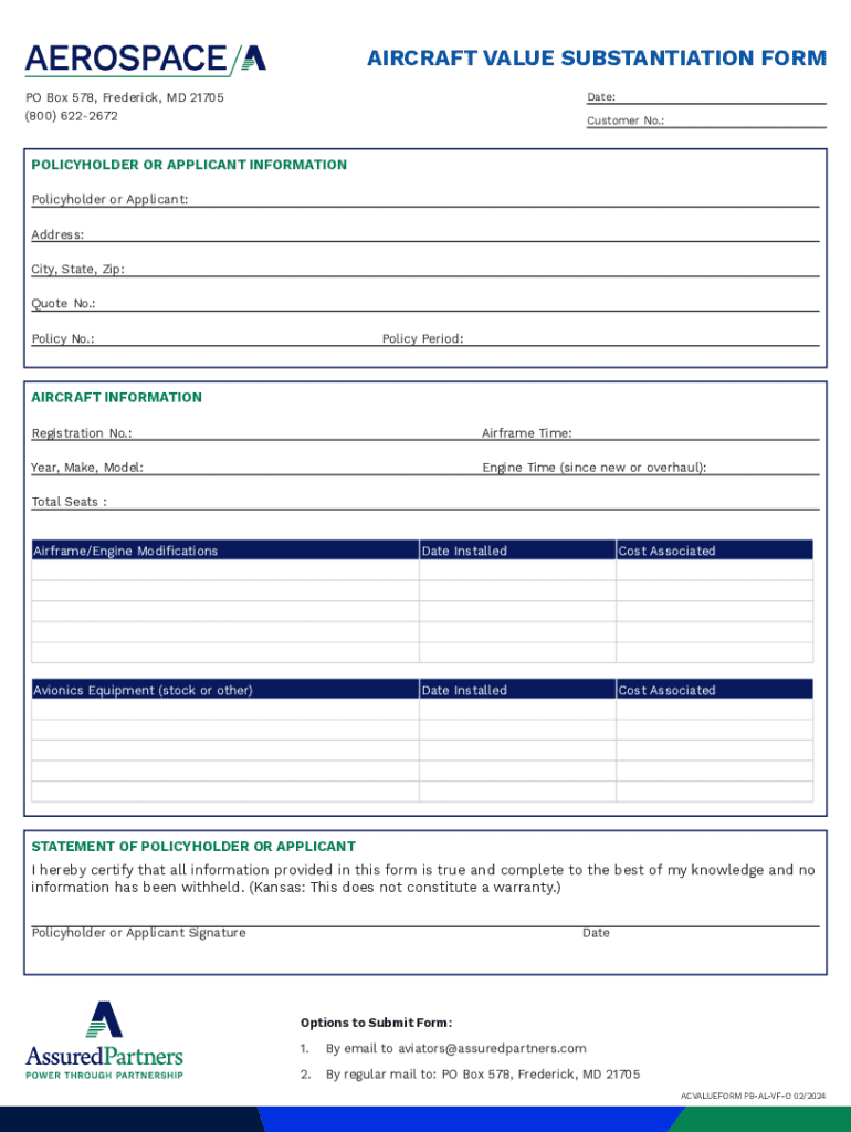 Fillable Online Aircraft Value Substantiation Form Fax Email Print ...