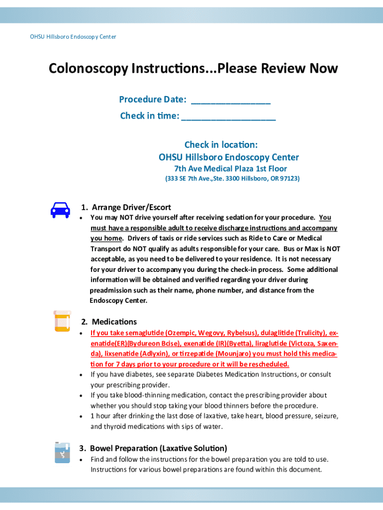 Fillable Online Colonoscopy Instructions - Ohsu Hillsboro Endoscopy ...