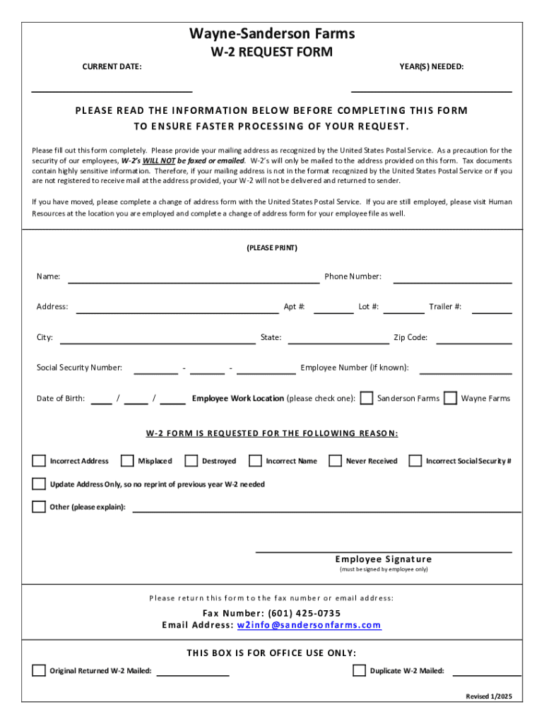 Fillable Online Wayne-sanderson Farms W-2 Request Form Fax Email Print - pdfFiller
