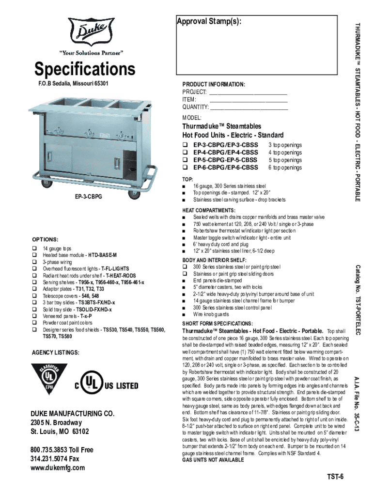 Fillable Online THURMADUKE STEAMTABLES - HOT FOOD - ELECTRIC - PORTABLE ...