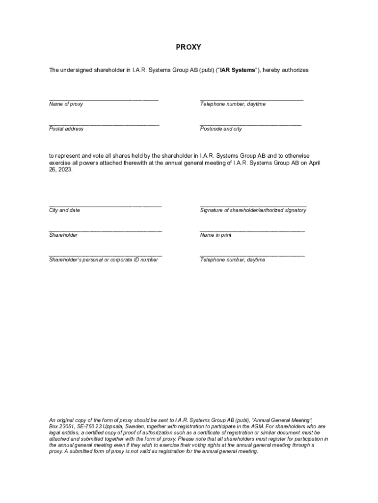 Fillable Online Proxy Authorization for I.a.r. Systems Group Ab Annual General Meeting Fax Email ...